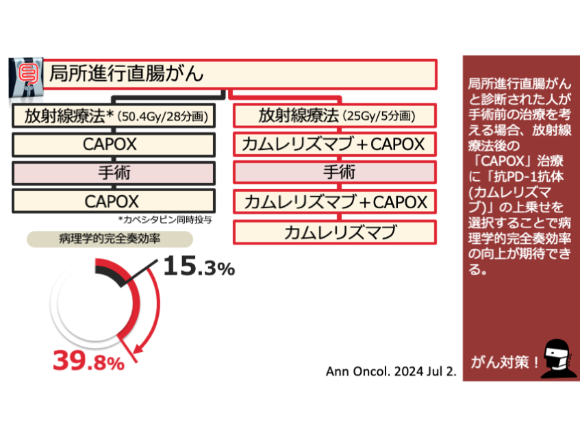 日本がん対策図鑑 | 【直腸がん：術前治療（pCR）】「放射線療法→CAPOX→手術→CAPOX」vs「放射線療法→カムレリズマブ＋CAPOX ...